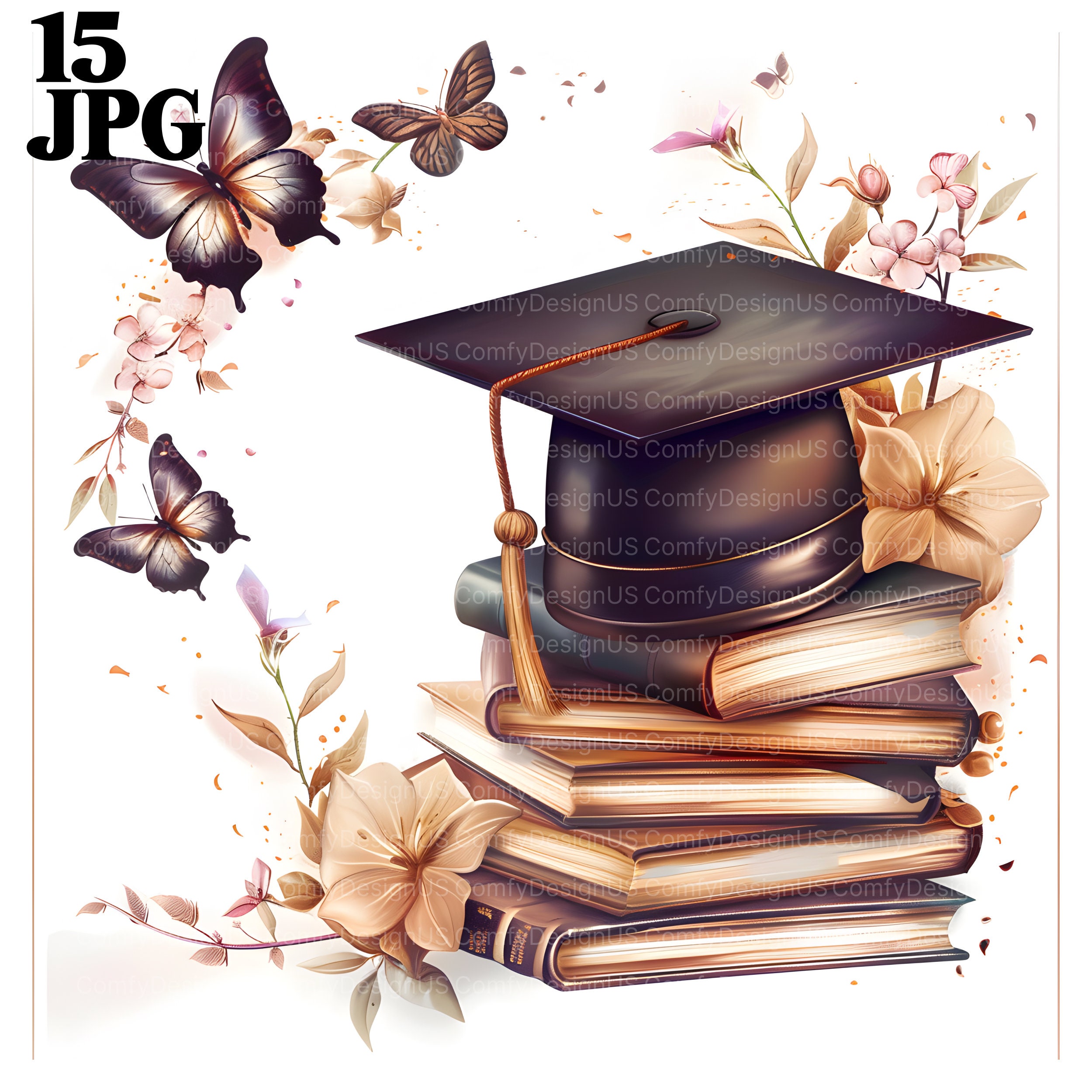 15 Graduation Caps, Diploma Clipart, Grad, Printable Watercolor Clipart ...