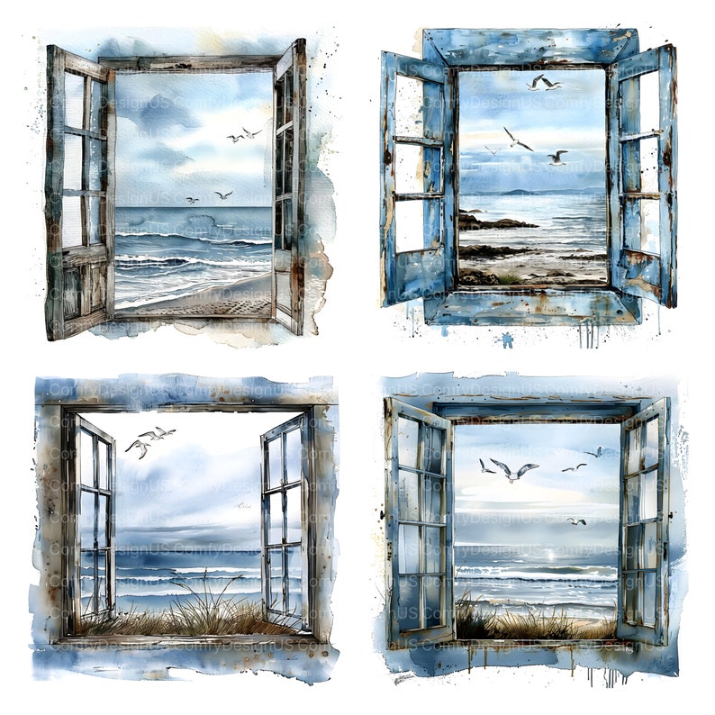 15 Window Ocean View Clipart, Window Sea View, Printable Watercolor ...