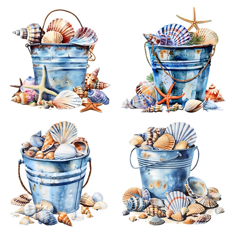 Seashells in a Bucket Clipart Bundle, Summer Sea Art, Bucket Clipart ...