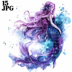 15 Purple Mermaid Clipart, Cartoon Mermaid, Watercolor Mermaid ...