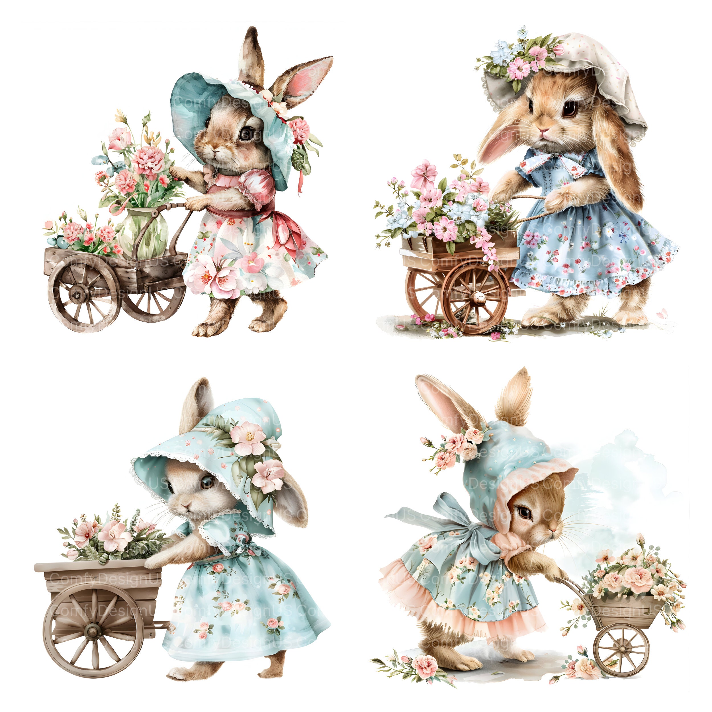 15 Adorable Little Bunny in Dress With Flowers Clipart, Rabbit Clipart ...