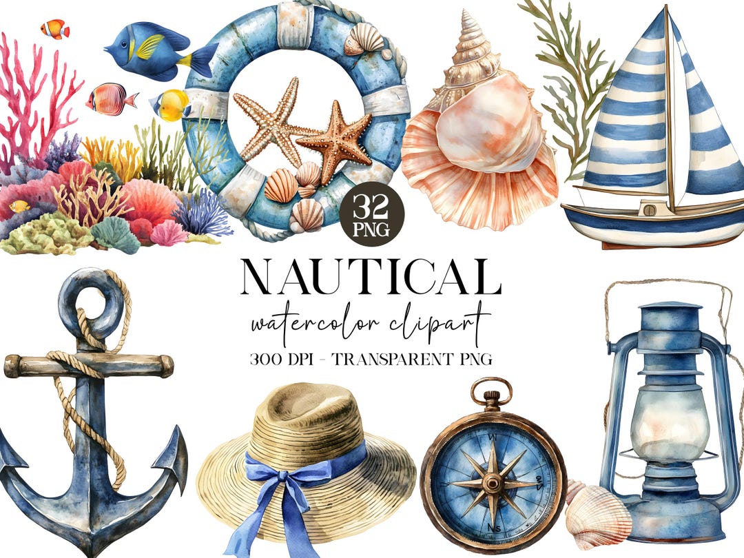 Watercolor Nautical Collection Clipart, 32 PNG Beach Clipart, Travel ...