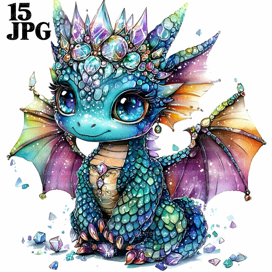 15 Crystal Crowned Patchwork Dragon Clipart, Baby Dragons, Printable Watercolor Clipart, High ...