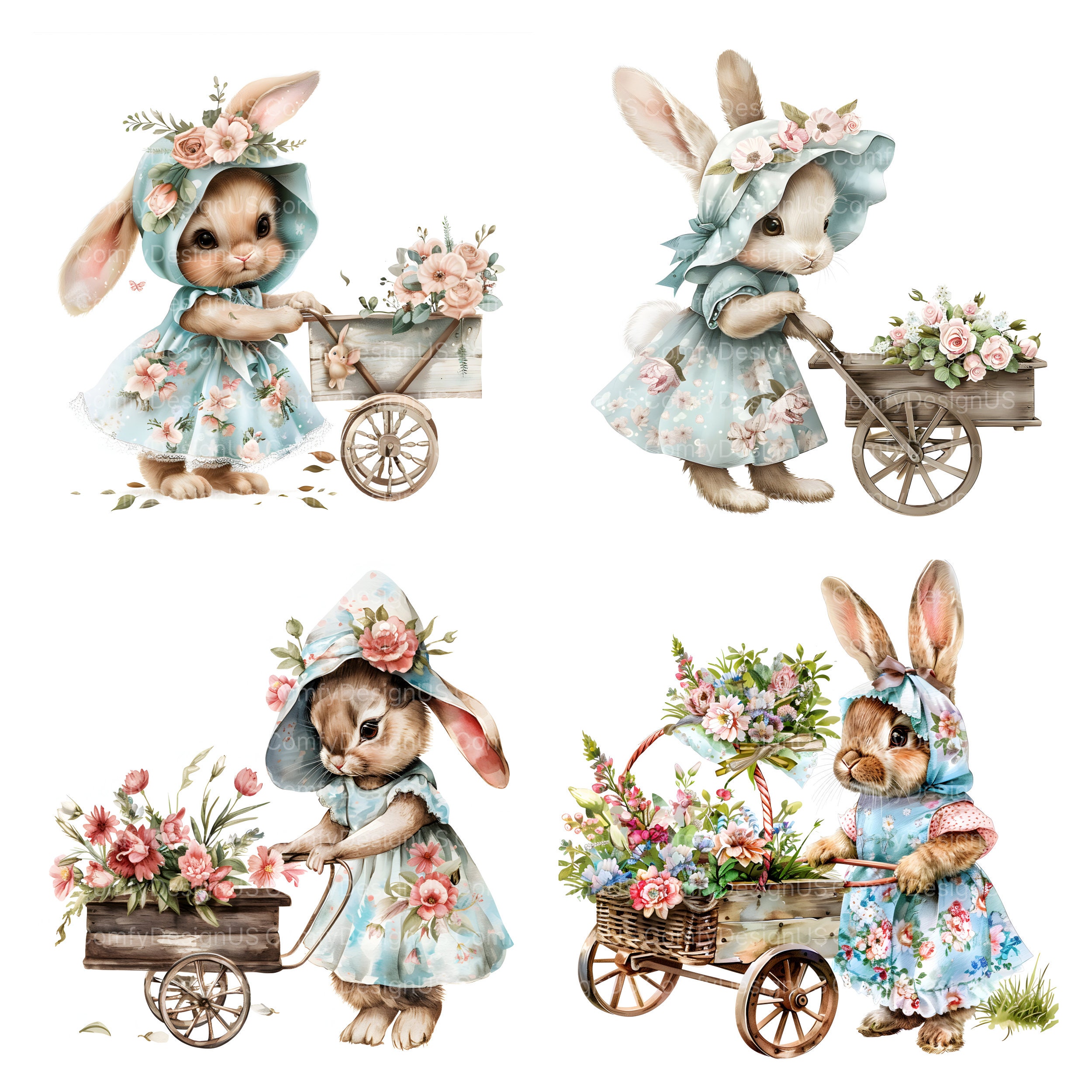 15 Adorable Little Bunny in Dress With Flowers Clipart, Rabbit Clipart ...