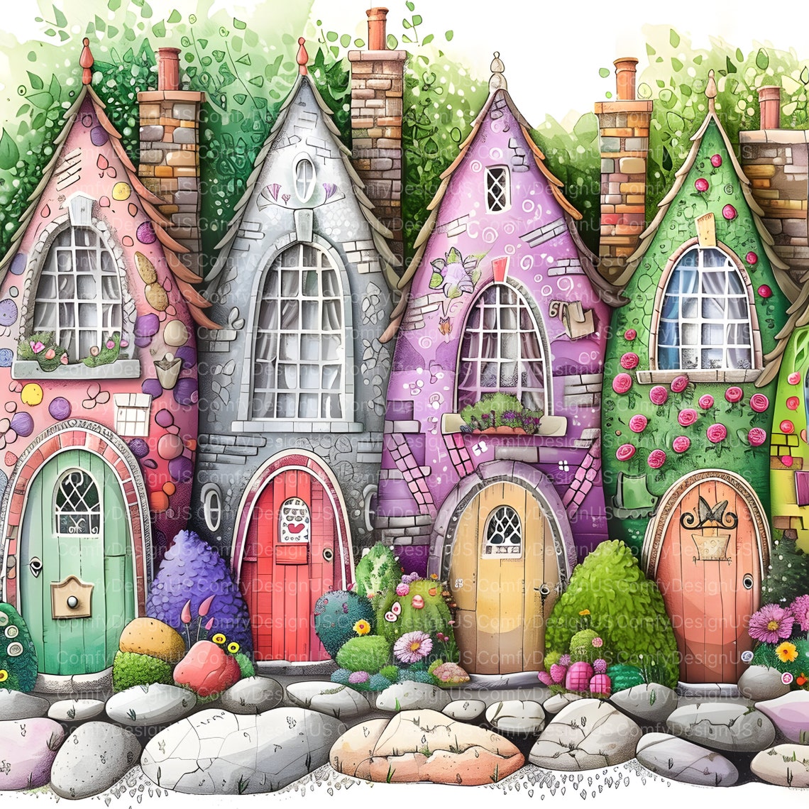 15 Stone Row Houses Clipart, Skinny Houses, Shabby Chic, Printable ...