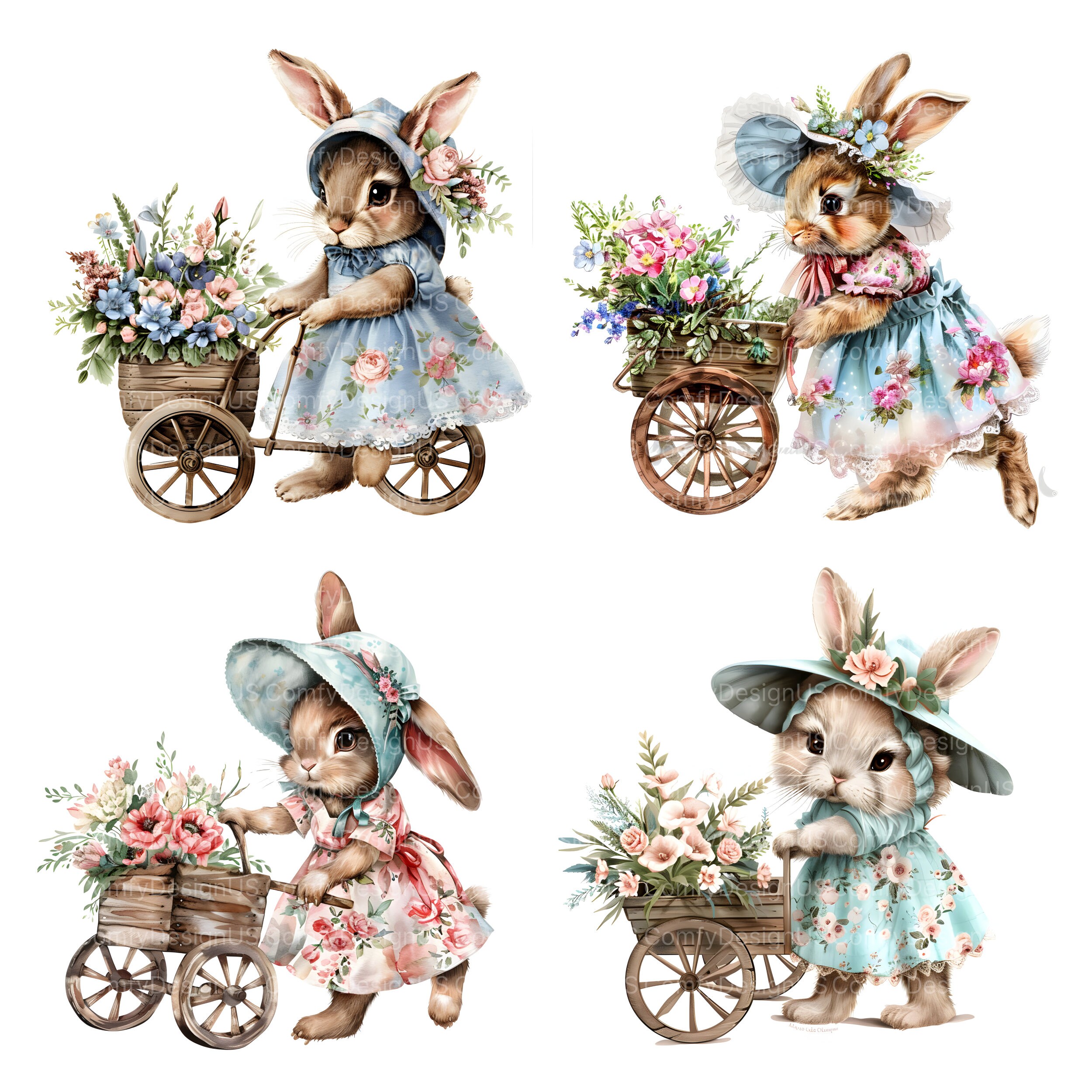 15 Adorable Little Bunny in Dress With Flowers Clipart, Rabbit Clipart ...