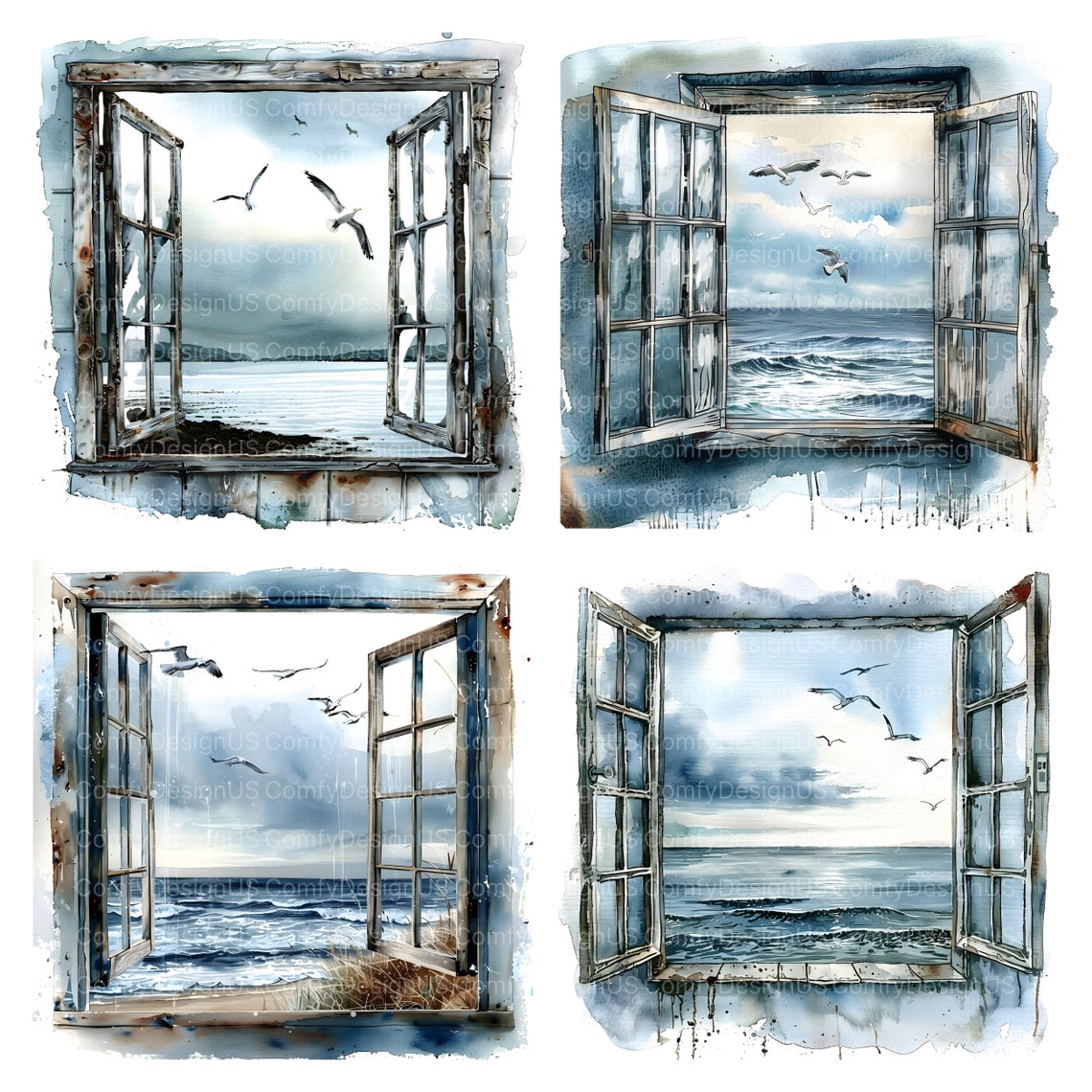 15 Window Ocean View Clipart, Window Sea View, Printable Watercolor ...
