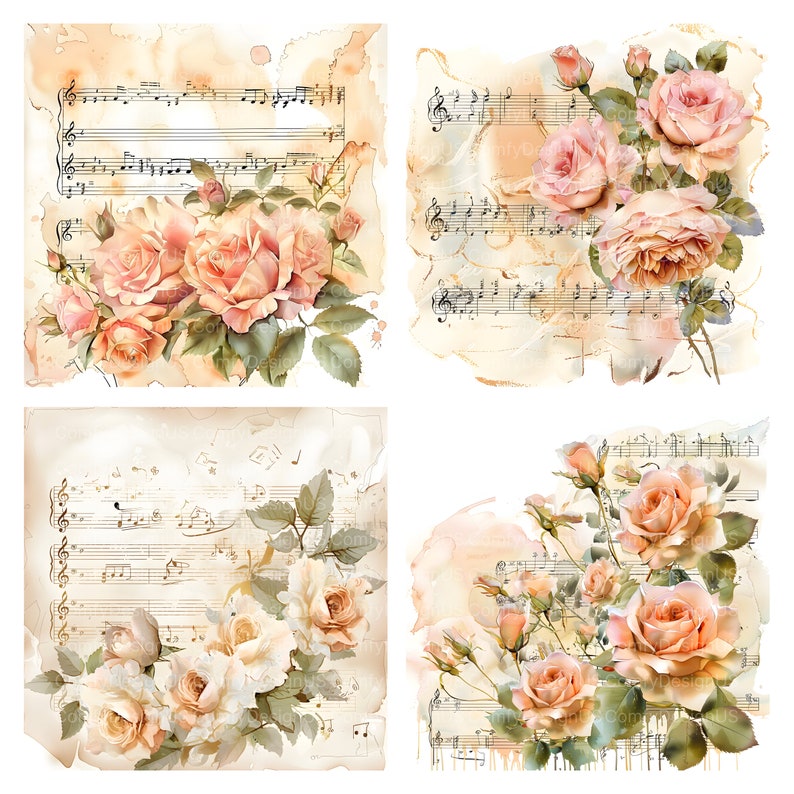 15 Floral Music Notes Clipart, Vintage Music Sheet, Music Note ...