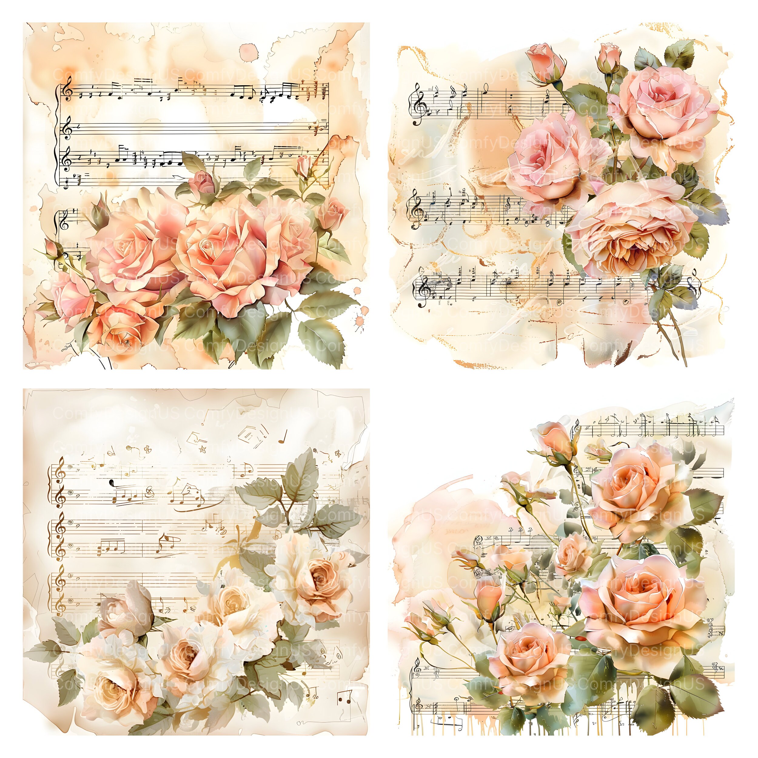 15 Floral Music Notes Clipart, Vintage Music Sheet, Music Note ...