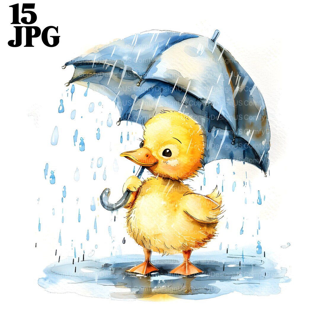 15 Duckling in Rain Clipart, Rainy Day Duck, Duck Rain Clipart, Printable Watercolor Clipart ...