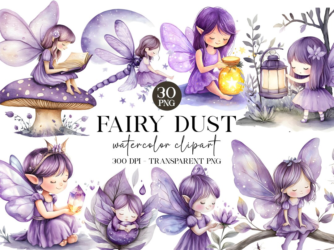Purple Fairy Clipart Bundle, Watercolor Fairy Clipart, Cute Fairies PNG ...