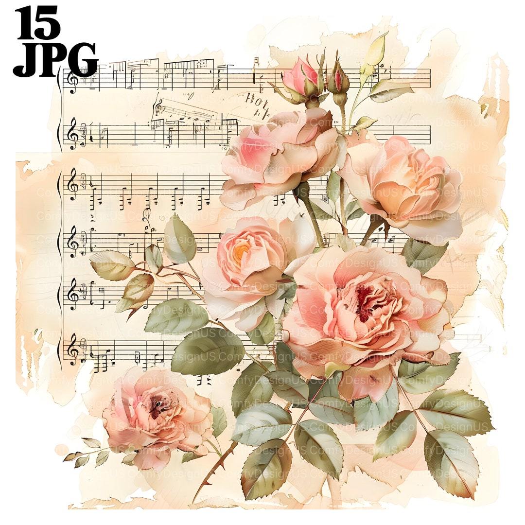 15 Floral Music Notes Clipart, Vintage Music Sheet, Music Note ...