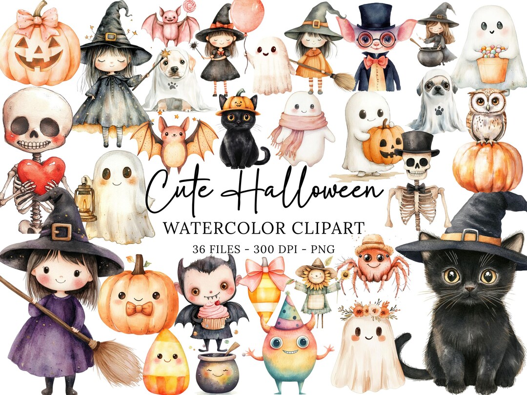 Watercolor Cute Halloween Clipart Bundle, Pastel Spooky Clip Art ...