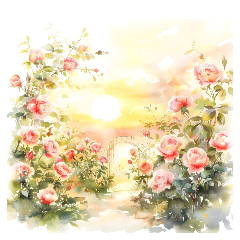15 Rose Garden Clipart, Floral Garden, Sunset Over Garden, Printable ...