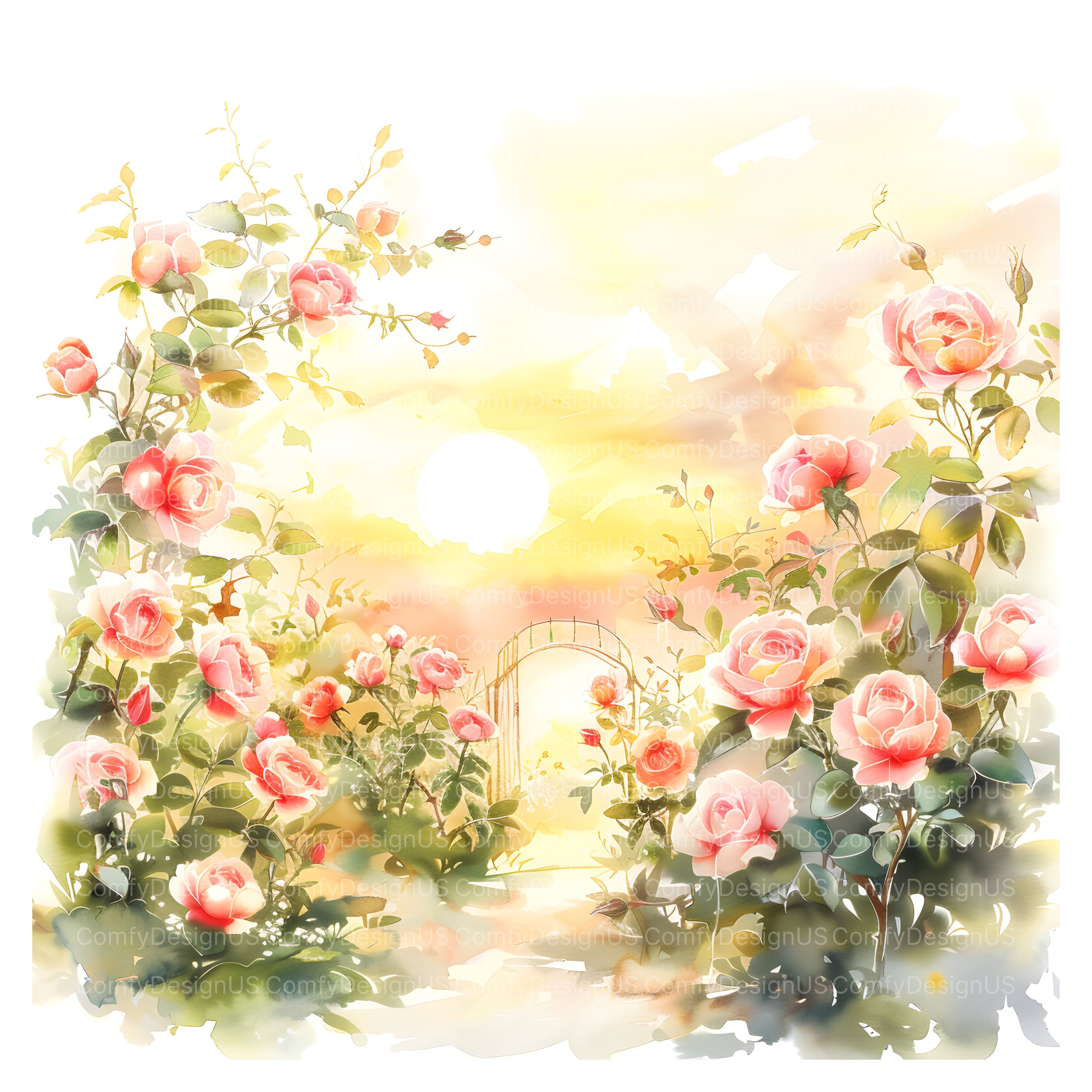 15 Rose Garden Clipart, Floral Garden, Sunset Over Garden, Printable ...