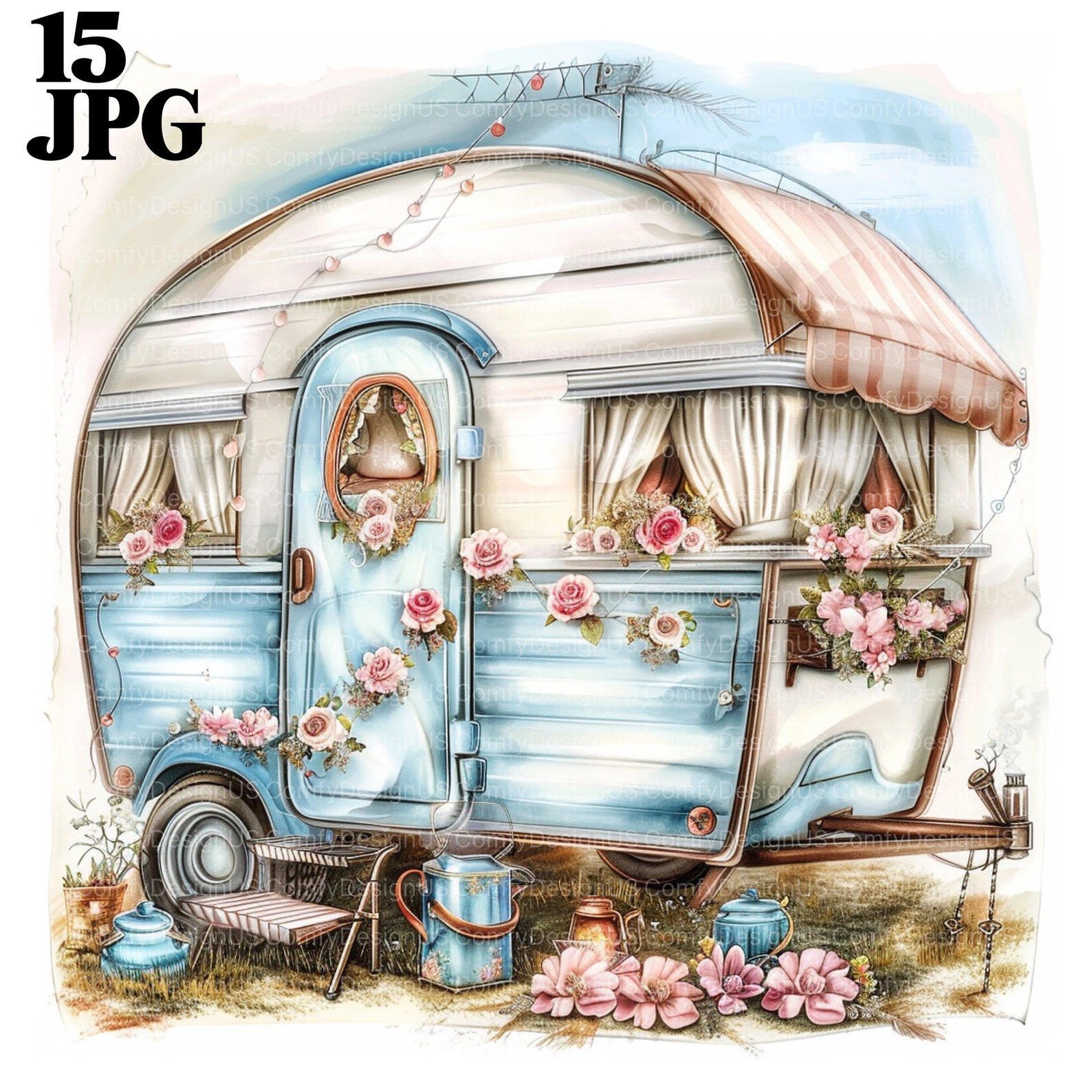 15 Whimsical Camper Clipart, Cozy Camper, Camping Clipart, Printable ...