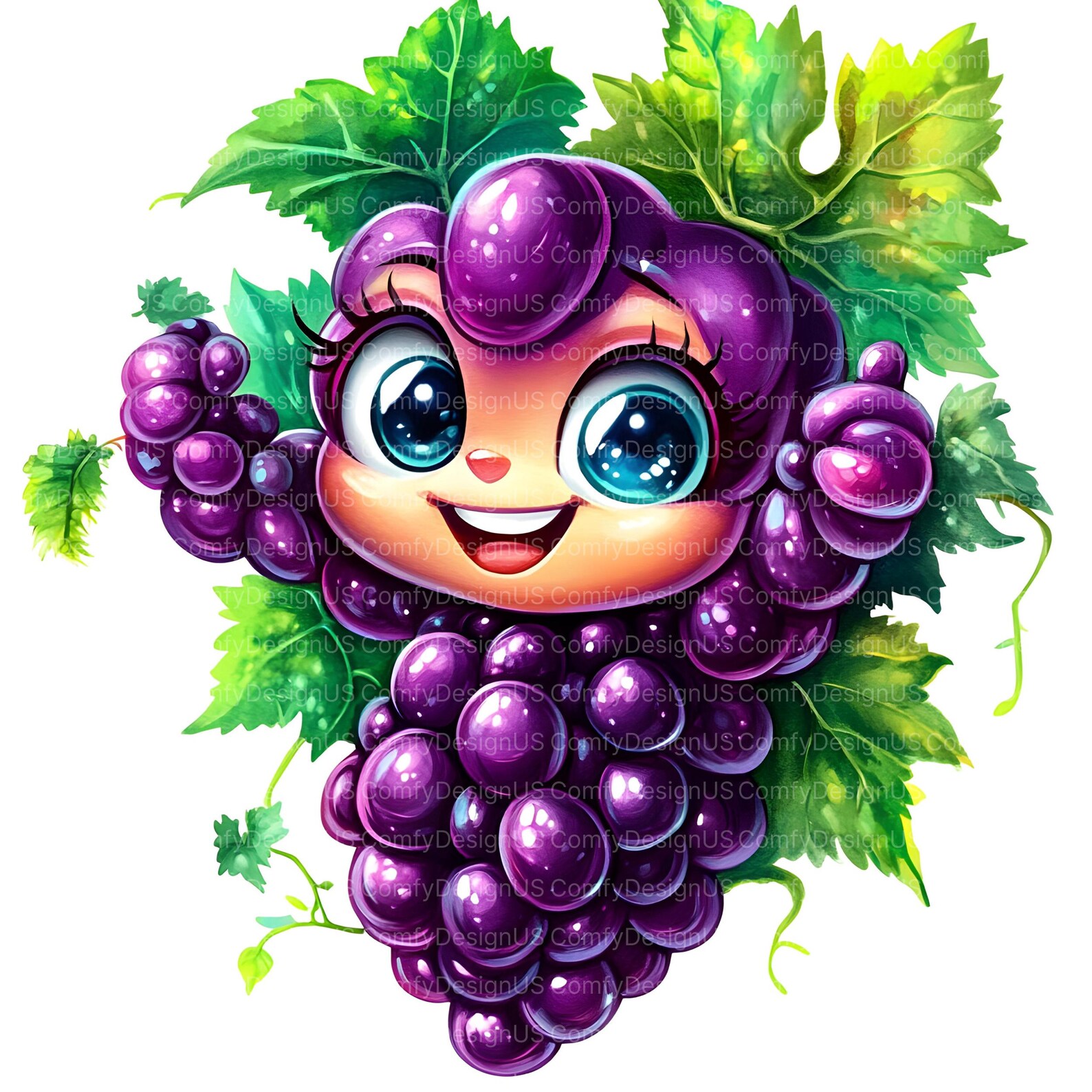 Cute Grape Clipart, 18 High Quality Jpgs, Cartoon Grape, Kawaii Grape ...