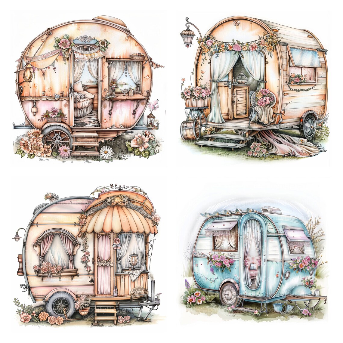 15 Whimsical Camper Clipart, Cozy Camper, Camping Clipart, Printable ...