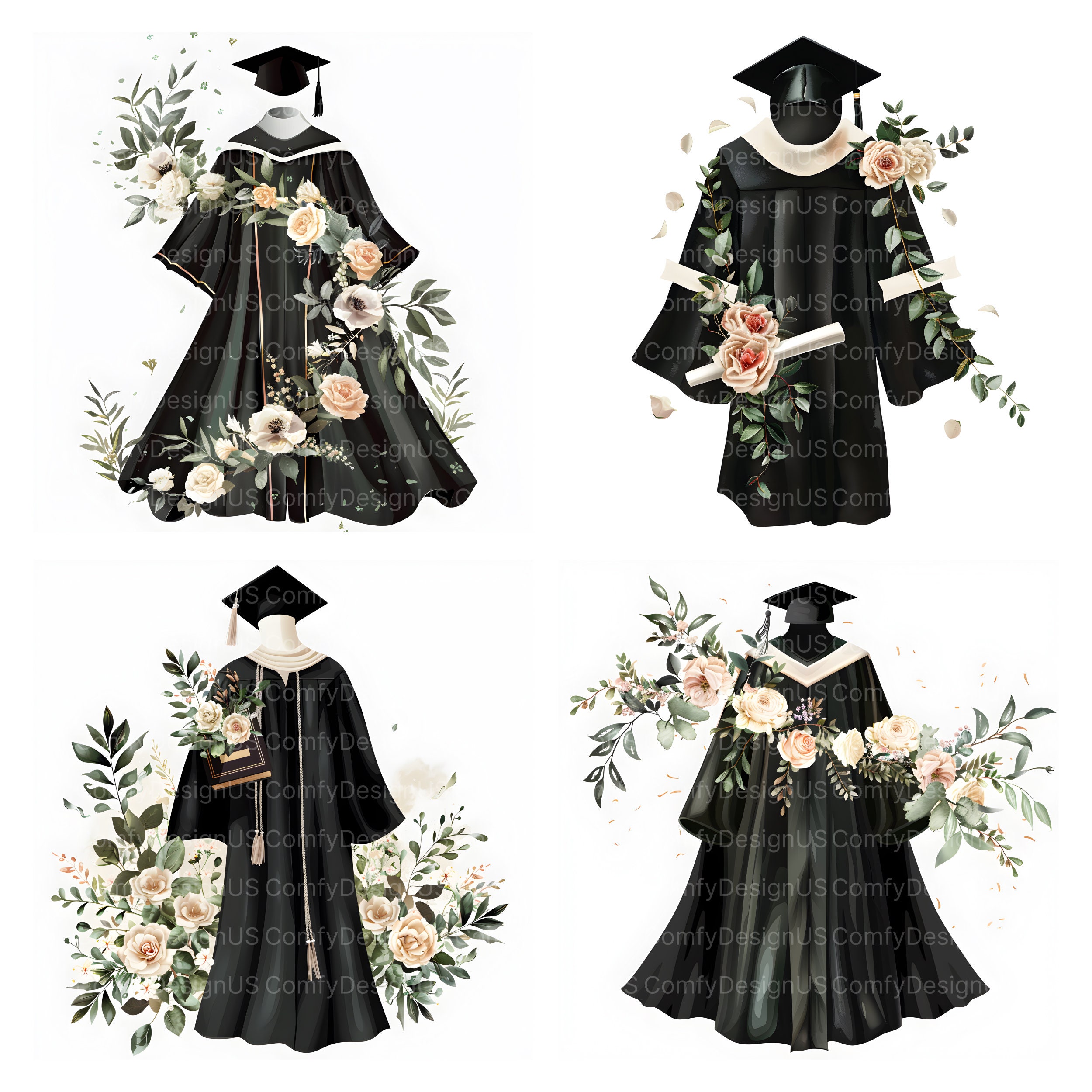 15 Cap and Gown, Student Graduation, Grad, Printable Watercolor Clipart ...