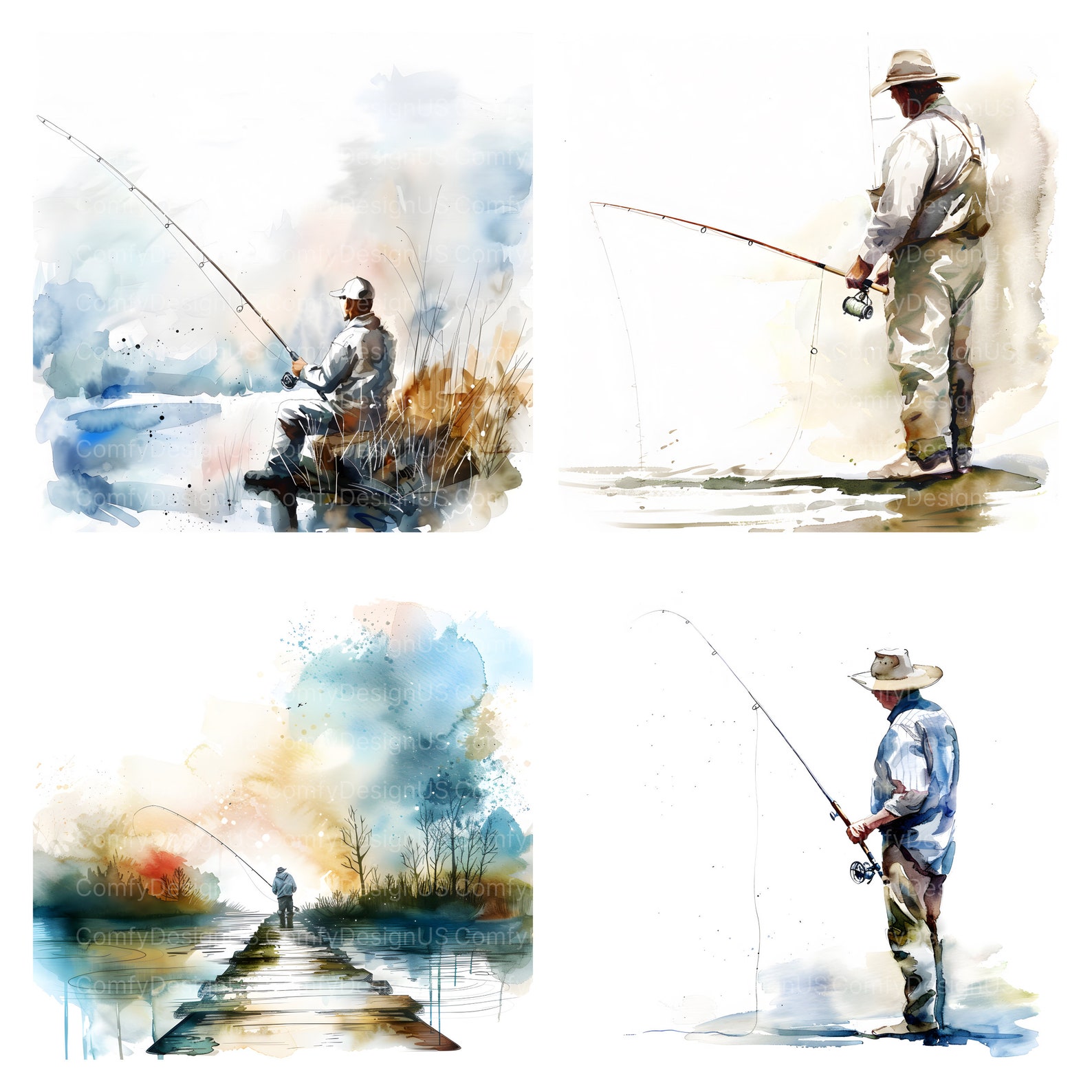 15 Man Fishing Clipart, Lake Fishing Landscape, Fisherman Clipart, Fly ...
