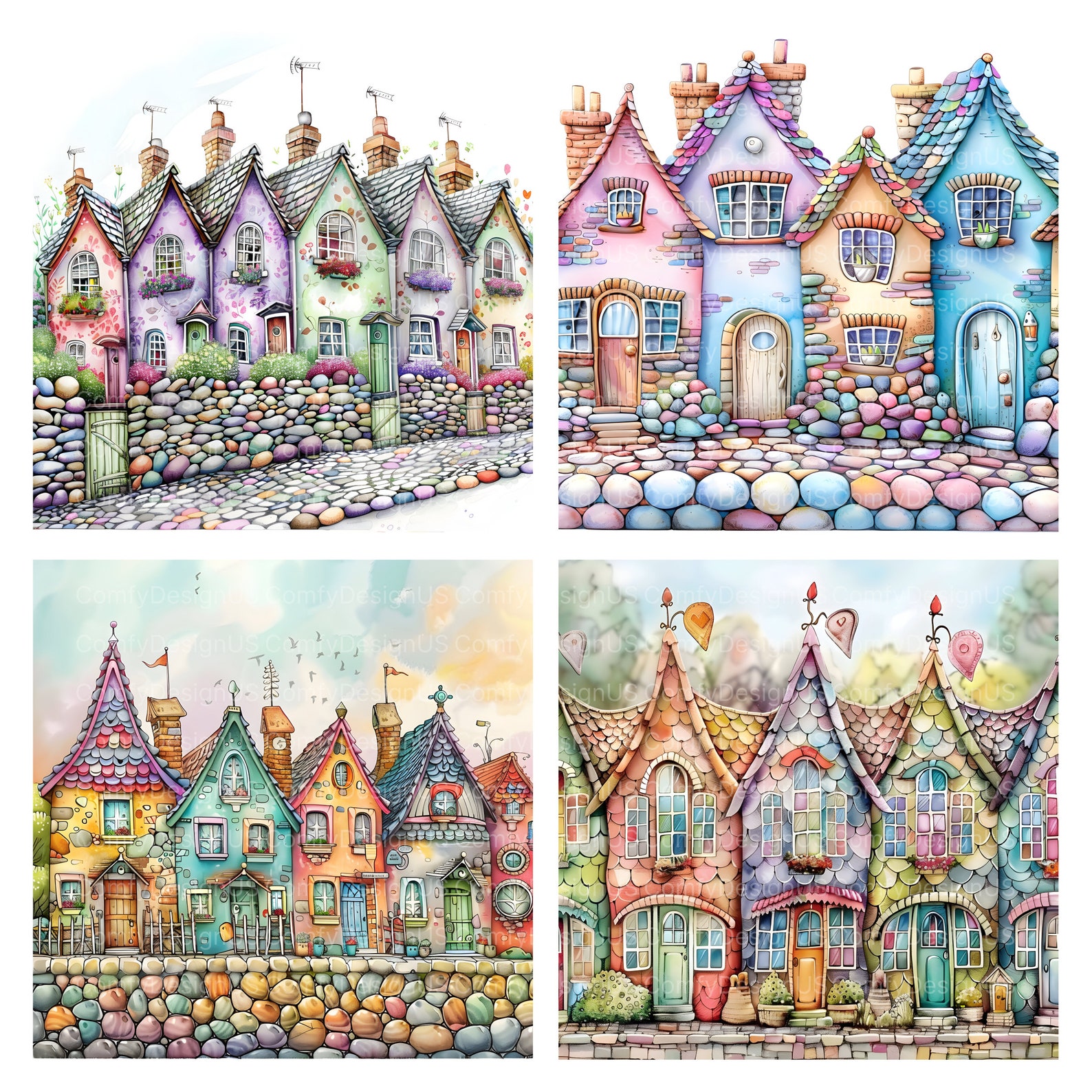 15 Stone Row Houses Clipart, Skinny Houses, Shabby Chic, Printable ...