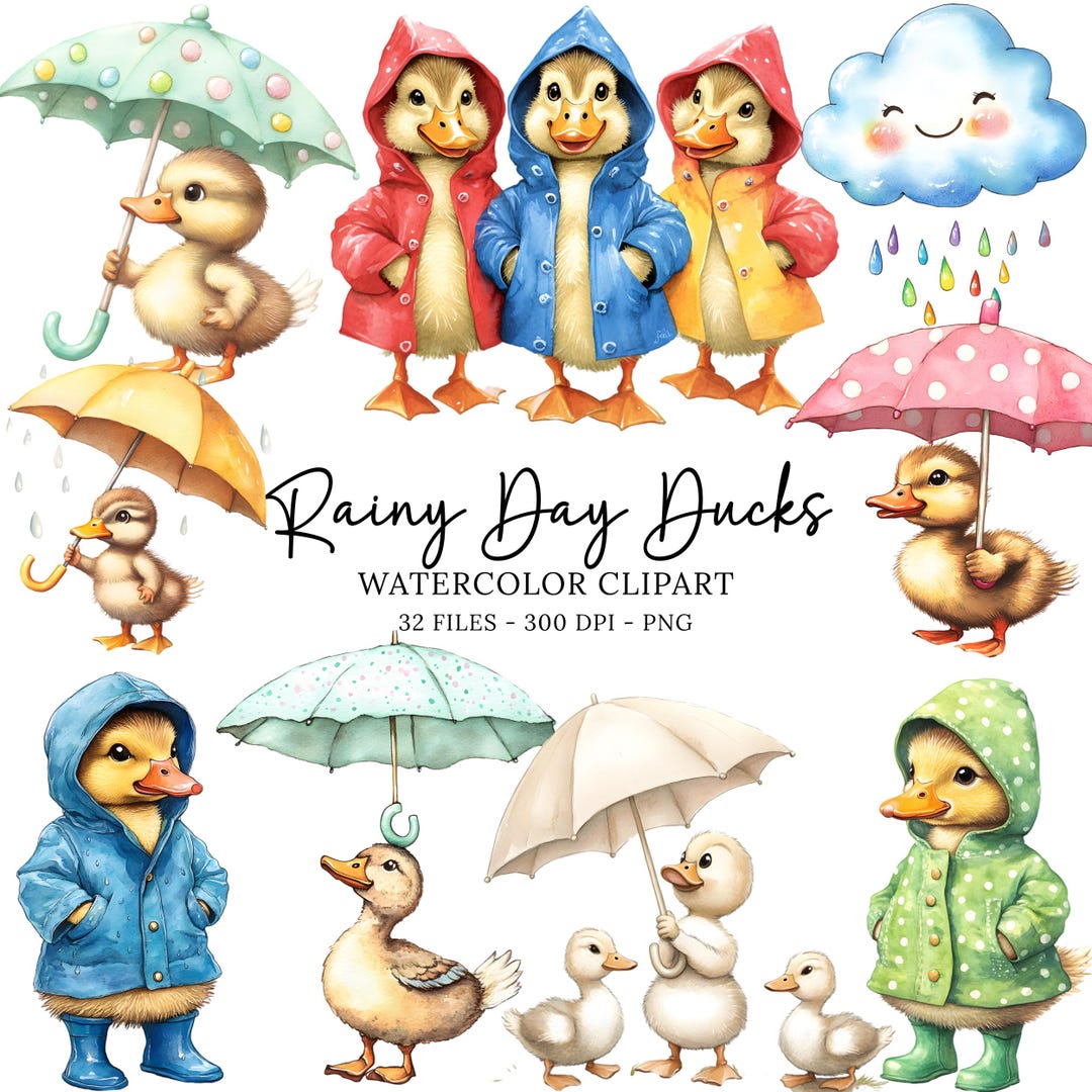 Rainy Day Duck Clipart, Watercolor Duckling PNG Bundle, Cute Duck in ...