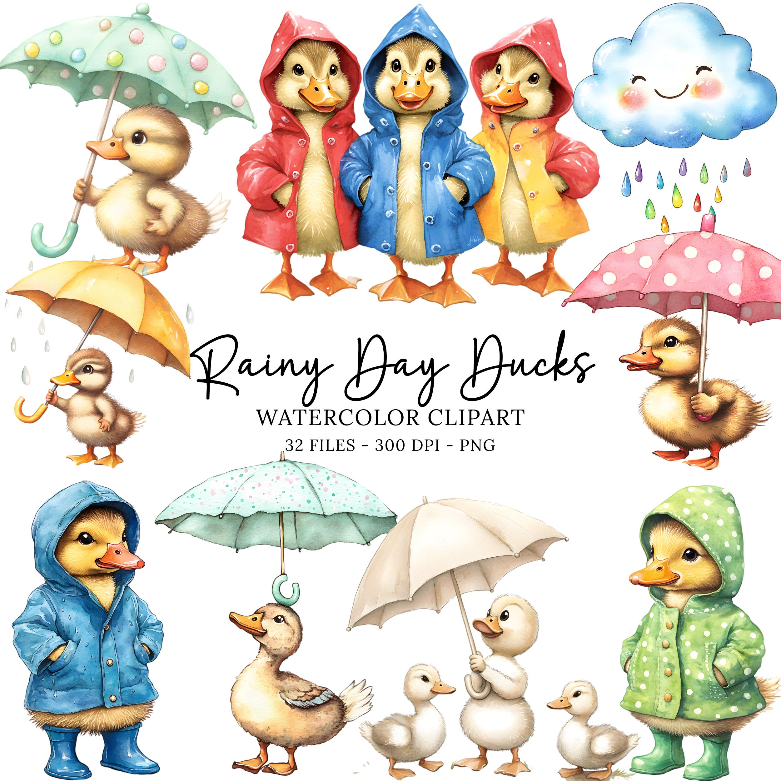 Rainy Day Duck Clipart, Watercolor Duckling PNG Bundle, Cute Duck in ...