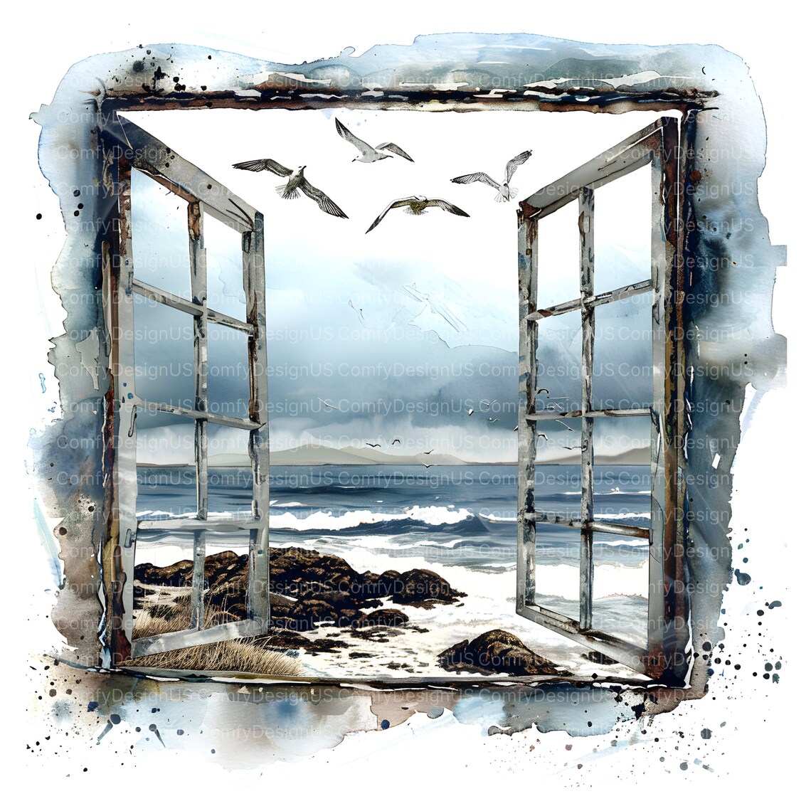 15 Window Ocean View Clipart, Window Sea View, Printable Watercolor ...