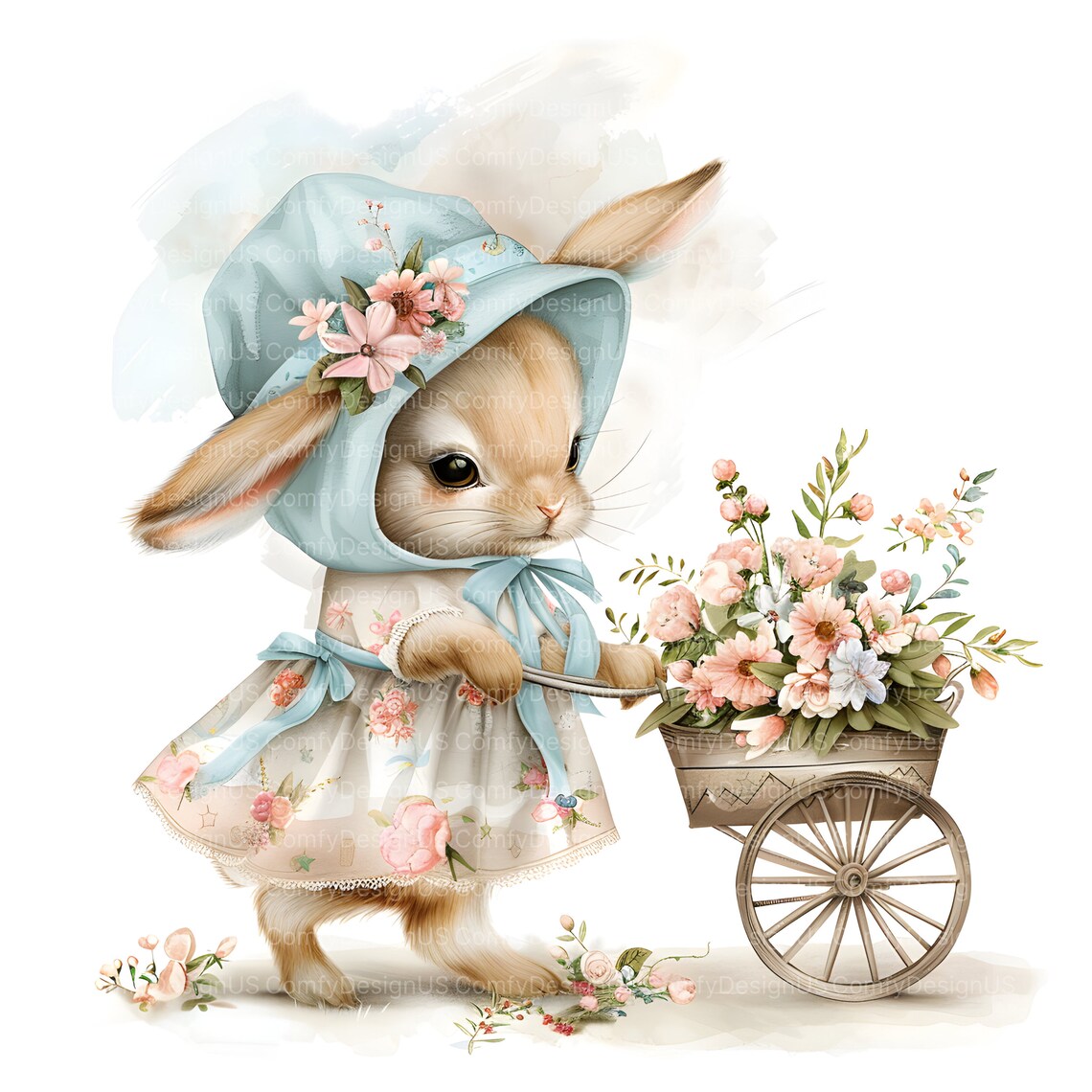 15 Adorable Little Bunny in Dress With Flowers Clipart, Rabbit Clipart ...