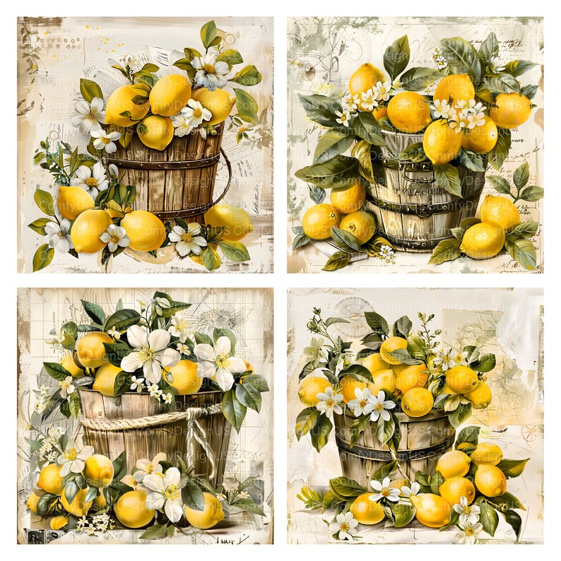 Shabby Chic Floral Bucket of Lemons Clipart Bundle, Lemon Clipart ...