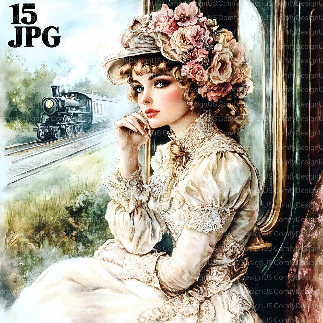 15 Victorian Woman Traveling in Train Clipart Bundle, Printable ...