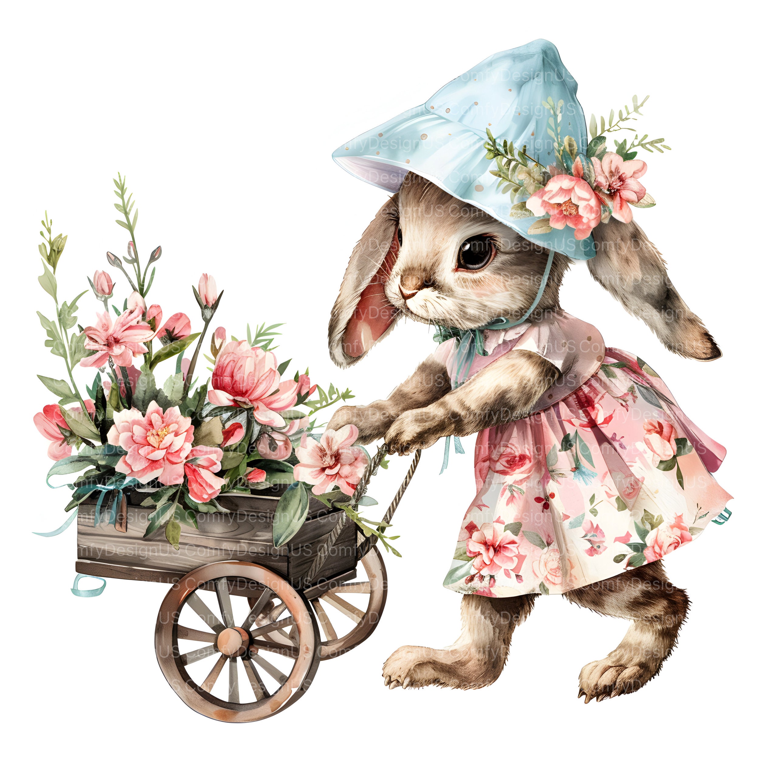 15 Adorable Little Bunny in Dress With Flowers Clipart, Rabbit Clipart ...