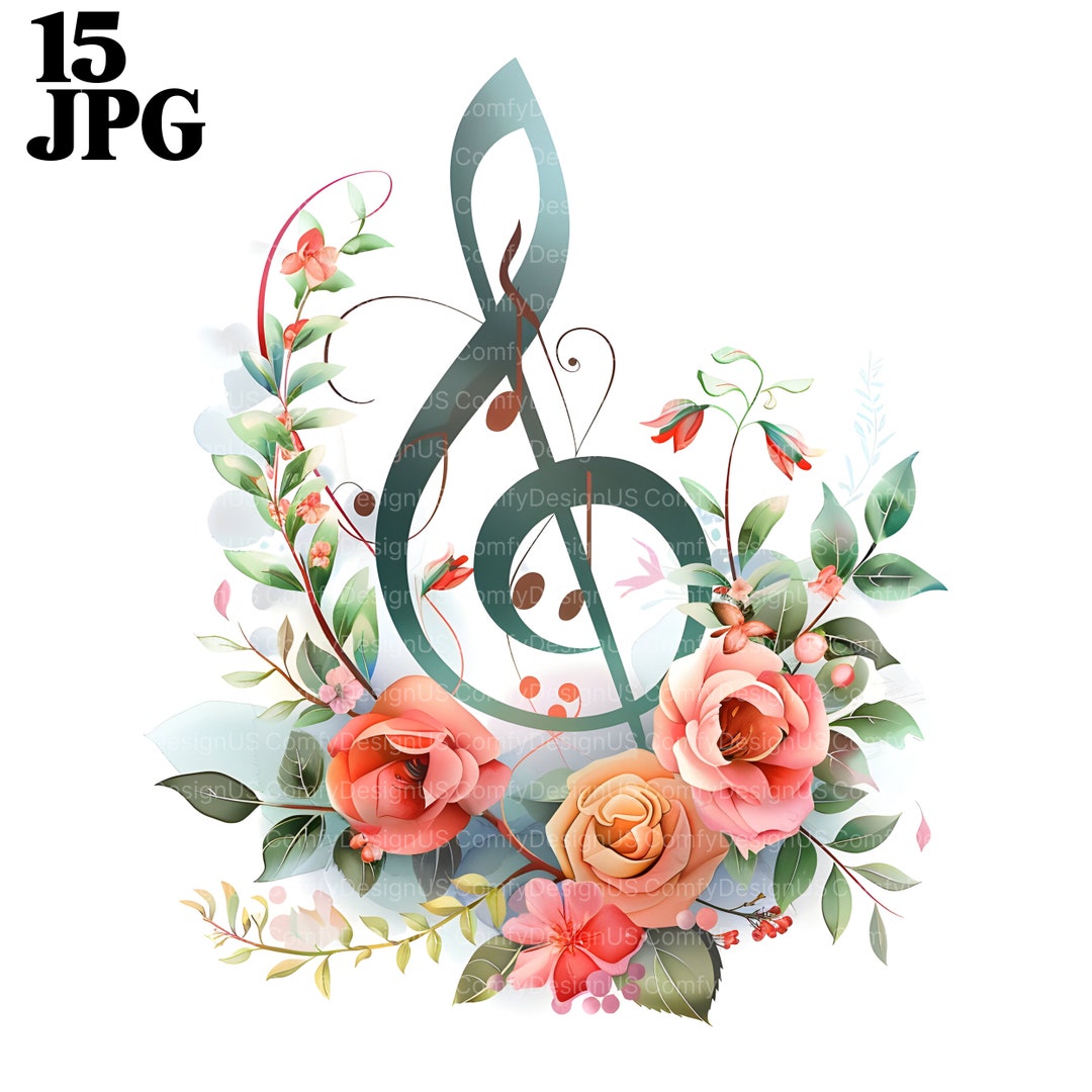 15 Floral Music Notes Clipart, Music Wall Art, Music Notation ...