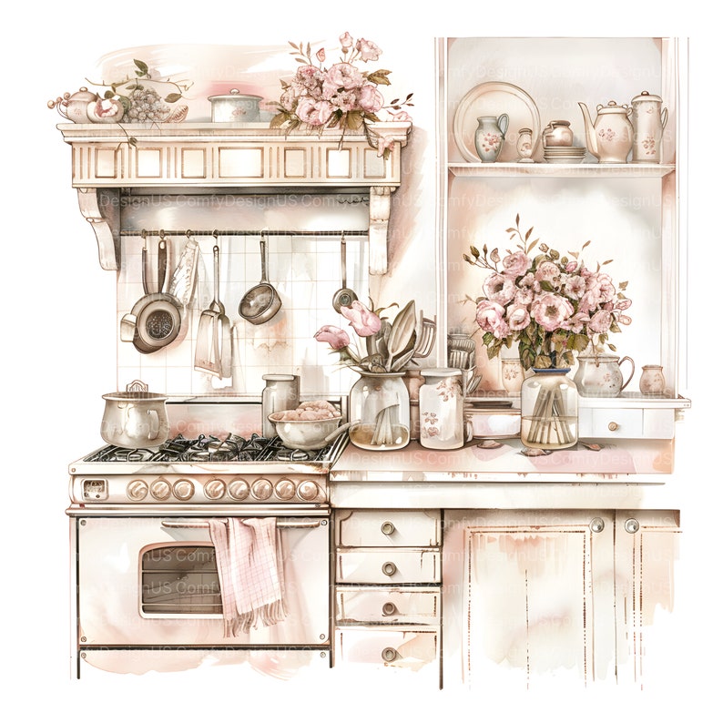 15 Vintage Floral Kitchen Clipart, Shabby Chic, Floral Kitchen ...