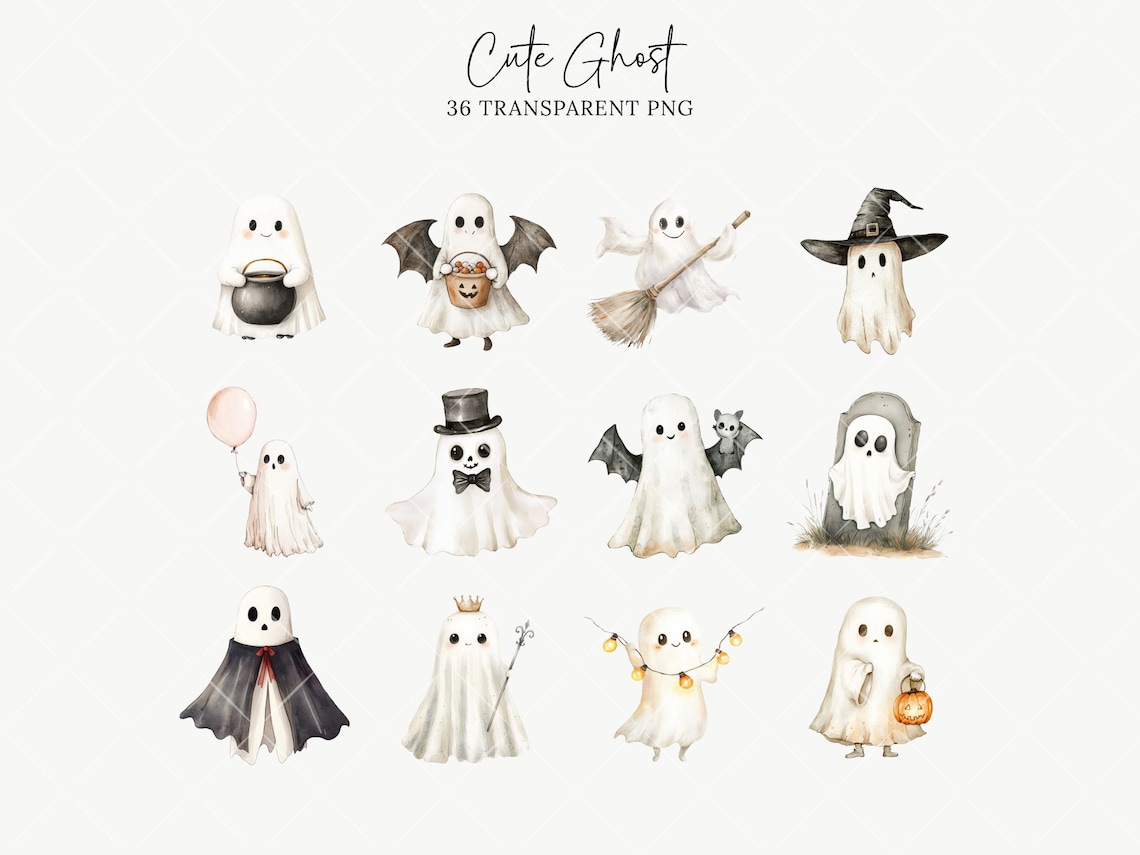 Cute Ghost Watercolor Clipart, Cute Halloween, Kids Halloween, Cartoon ...