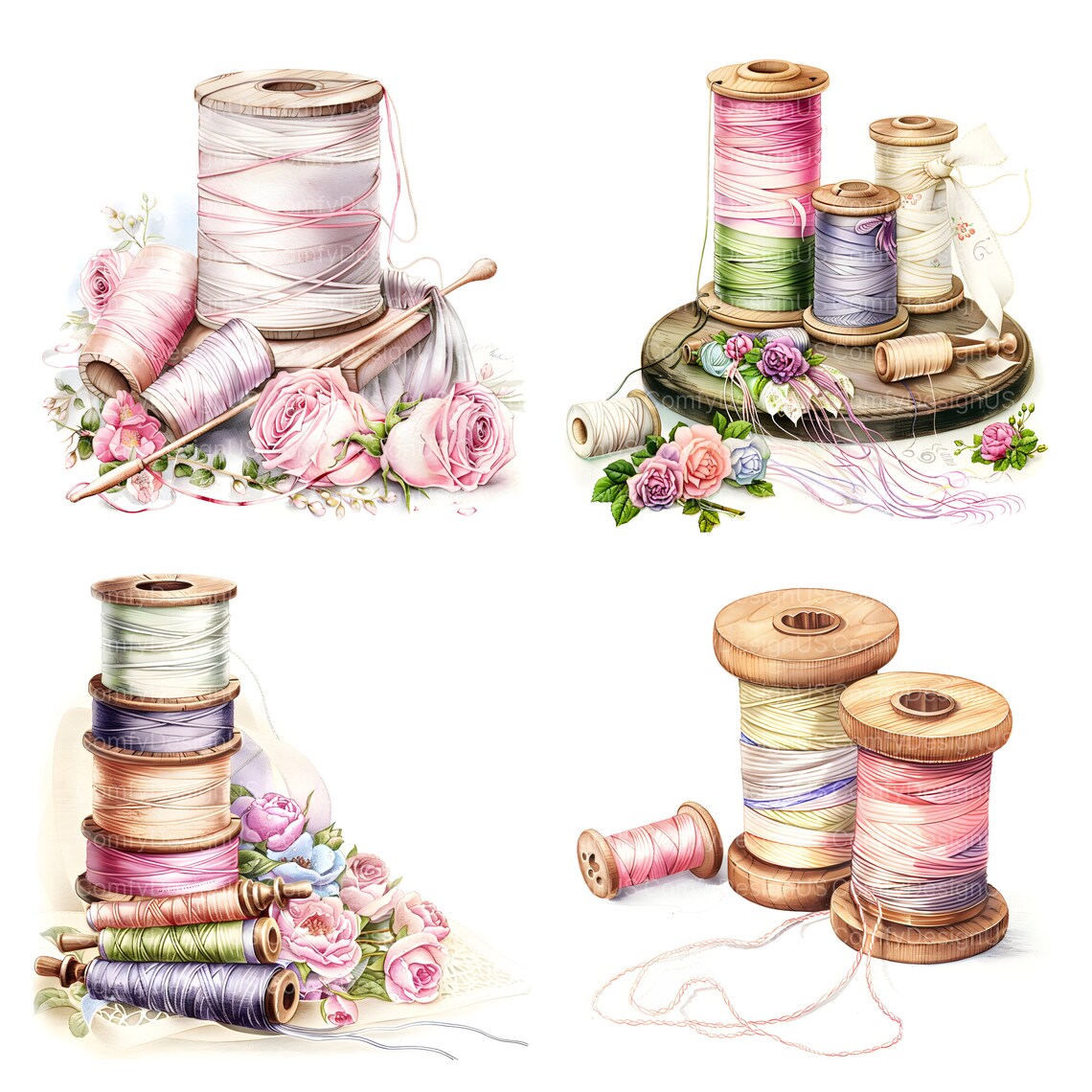15 Vintage Spools of Thread Clipart, Floral Sewing, Floral Spool ...