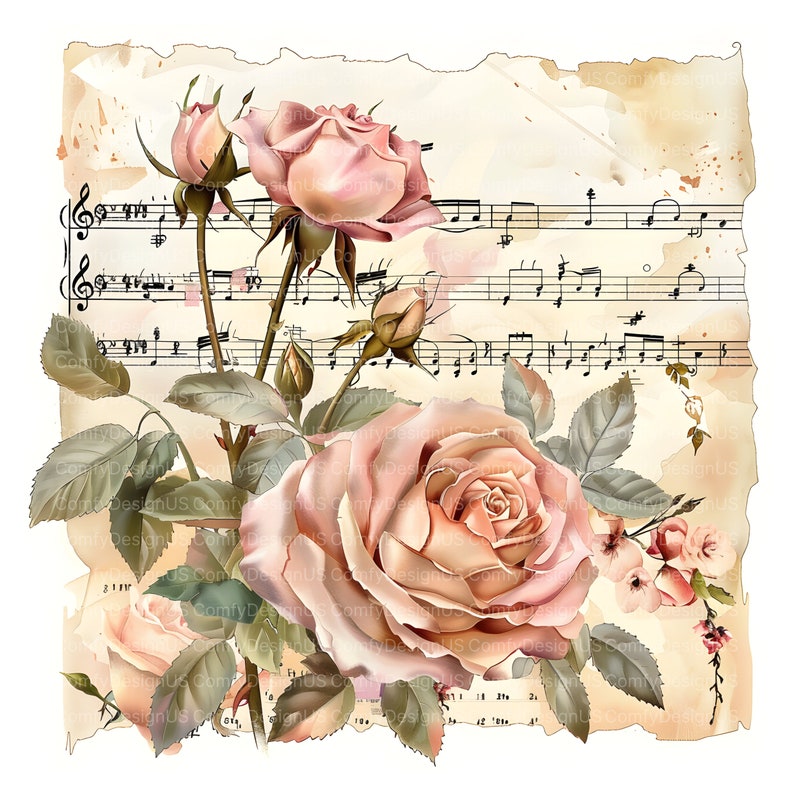 15 Floral Music Notes Clipart, Vintage Music Sheet, Music Note ...