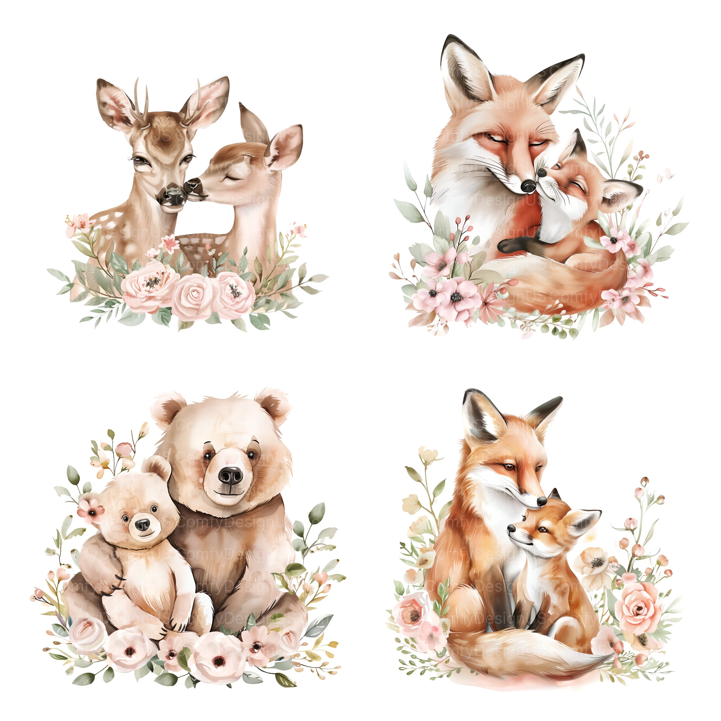 Watercolor Mama and Baby Animal Clipart, Baby Animals PNG, Cute Animal ...