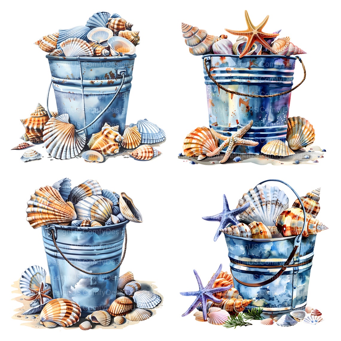 Seashells in a Bucket Clipart Bundle, Summer Sea Art, Bucket Clipart ...