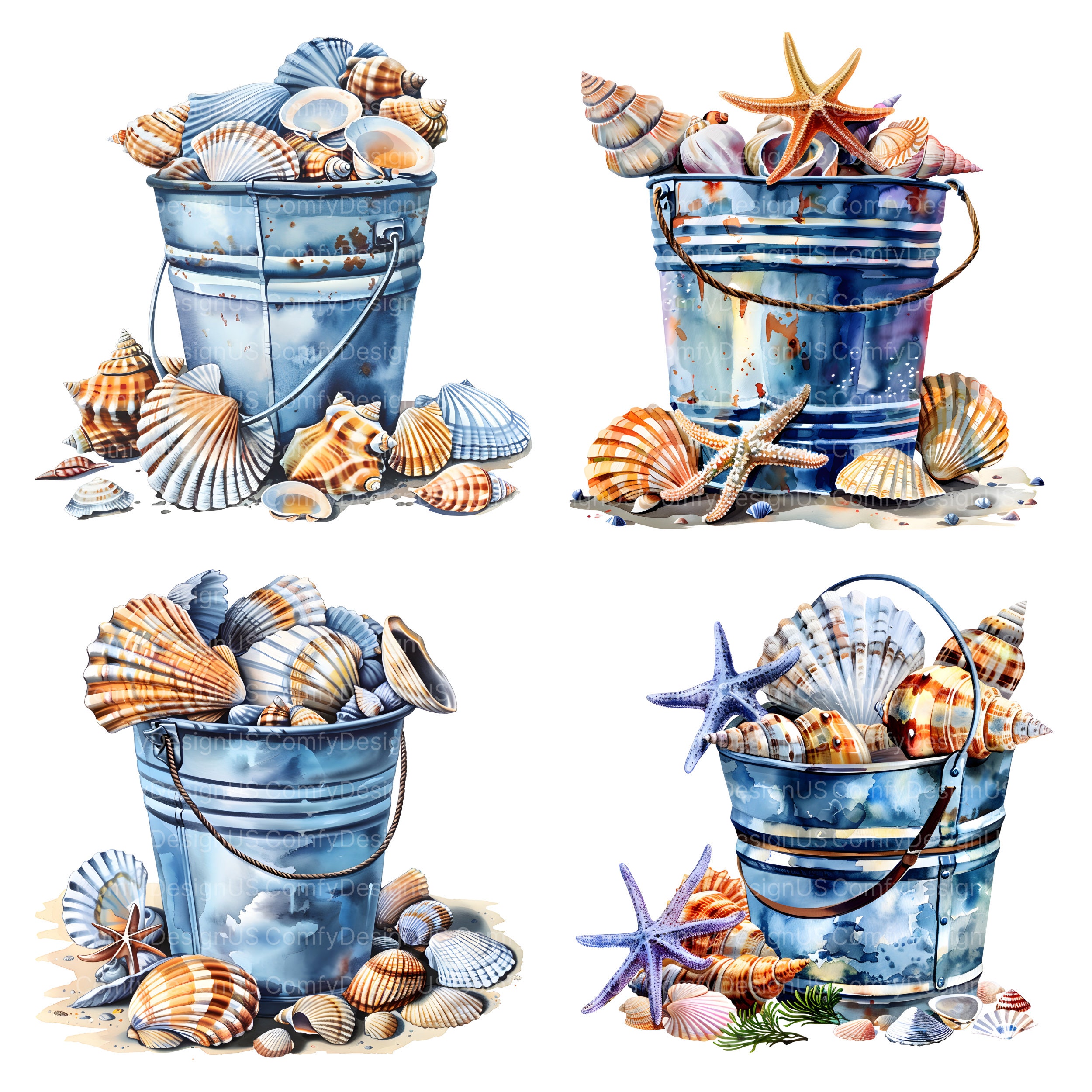 Seashells in a Bucket Clipart Bundle, Summer Sea Art, Bucket Clipart ...