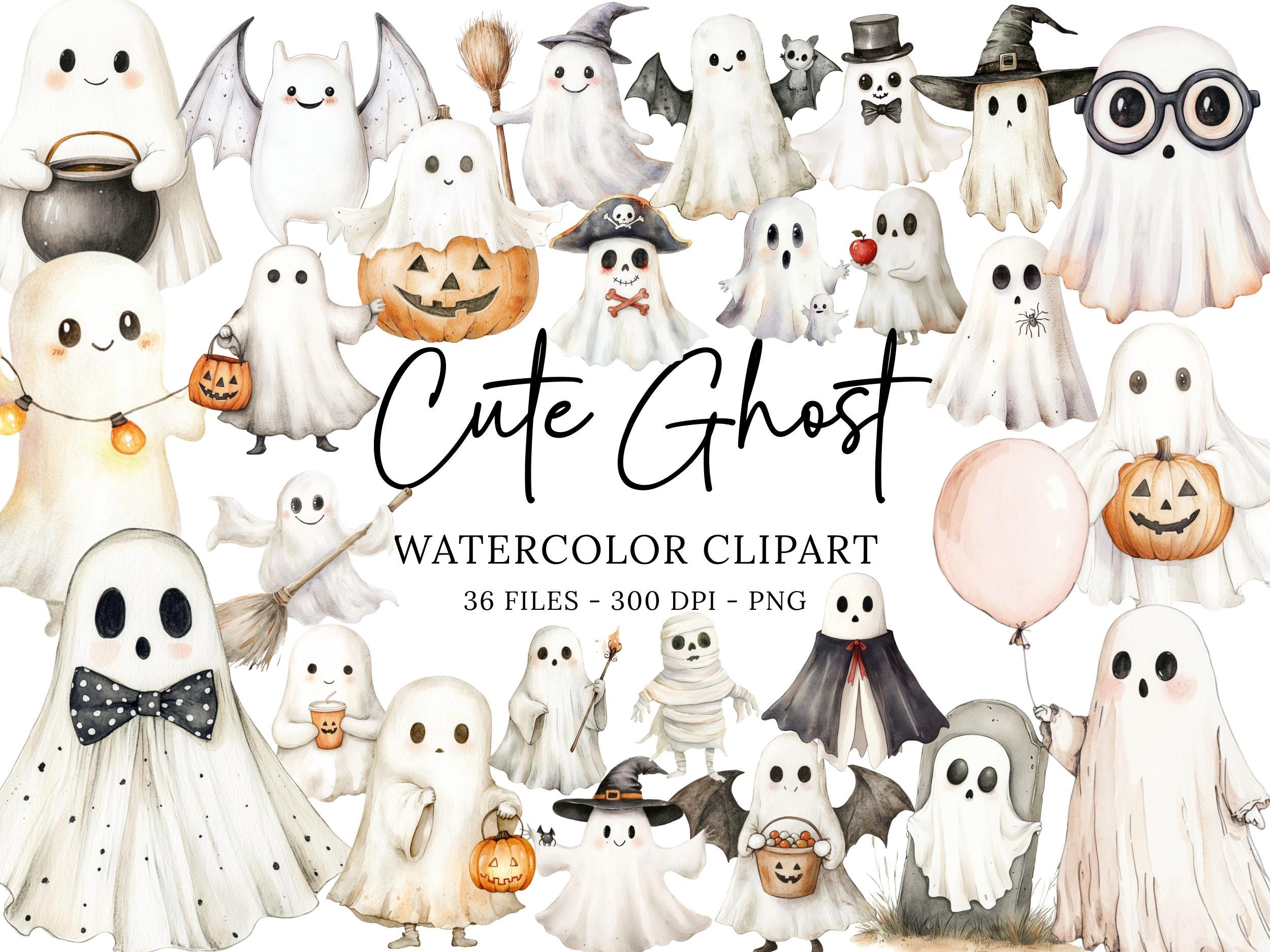 Cute Ghost Watercolor Clipart, Cute Halloween, Kids Halloween, Cartoon ...