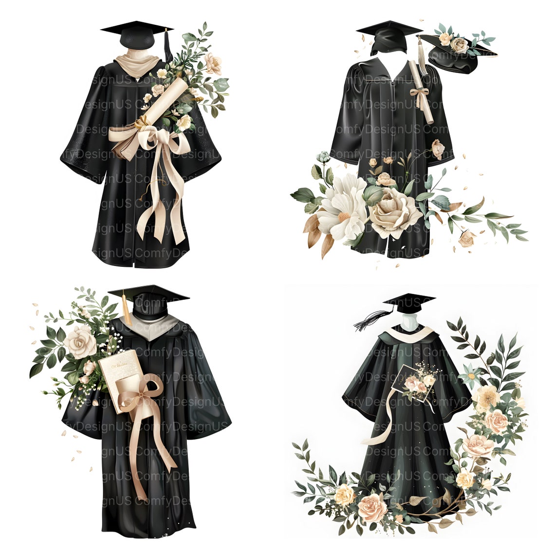 15 Cap and Gown, Student Graduation, Grad, Printable Watercolor Clipart ...