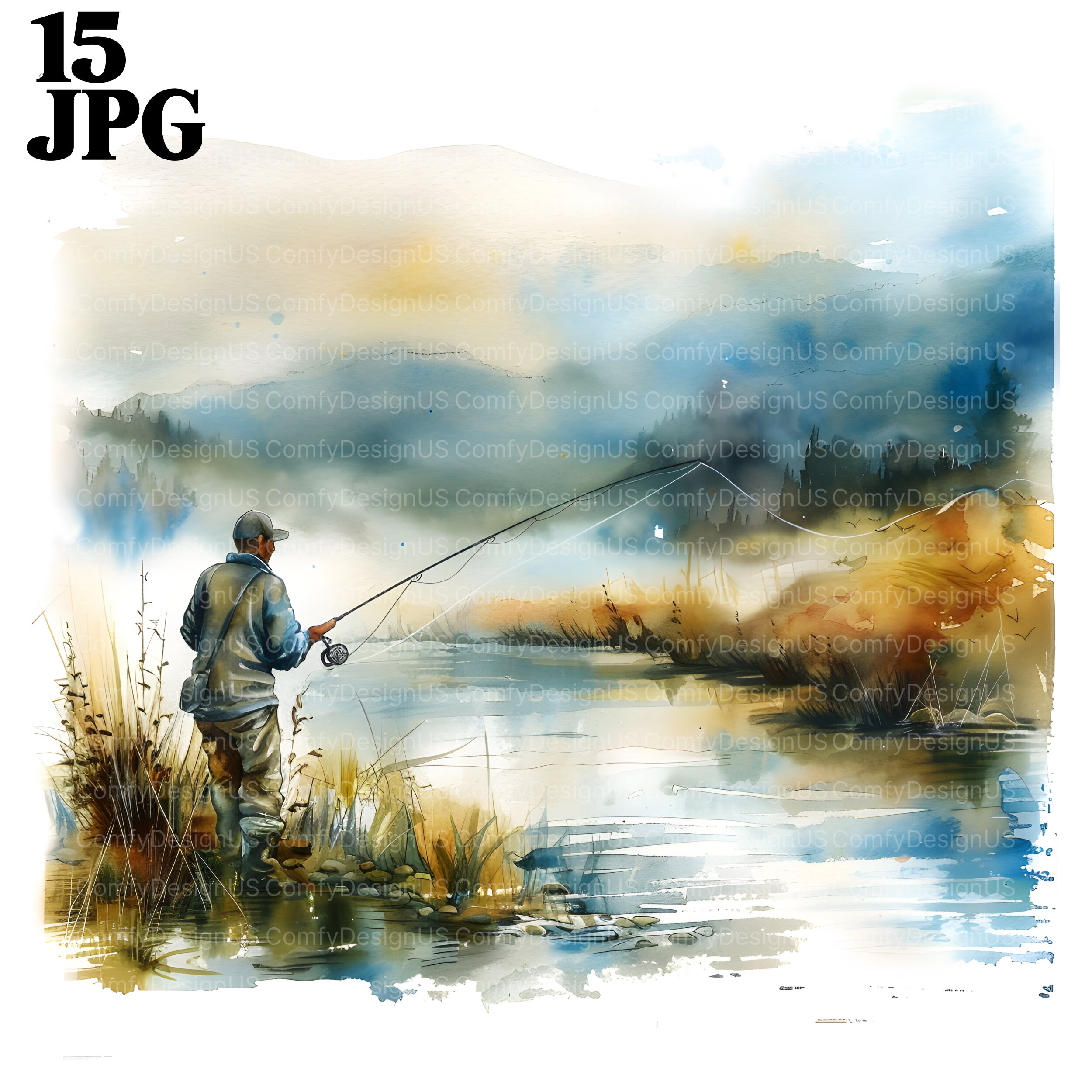 15 Man Fishing Clipart, Lake Fishing Landscape, Fisherman Clipart, Fly ...