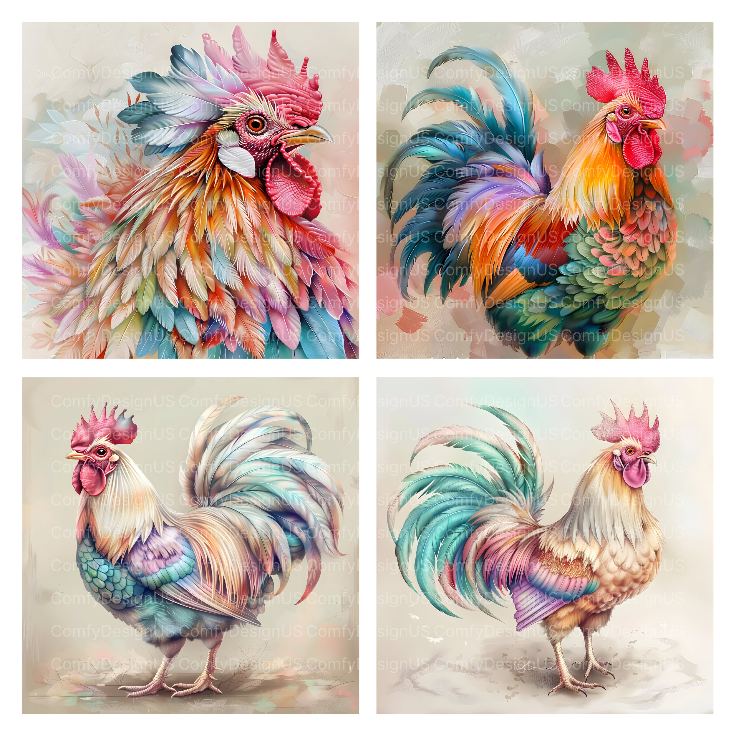 15 Pastel Chicken Clipart, Pastel Rooster, Chicken Printable, Printable ...