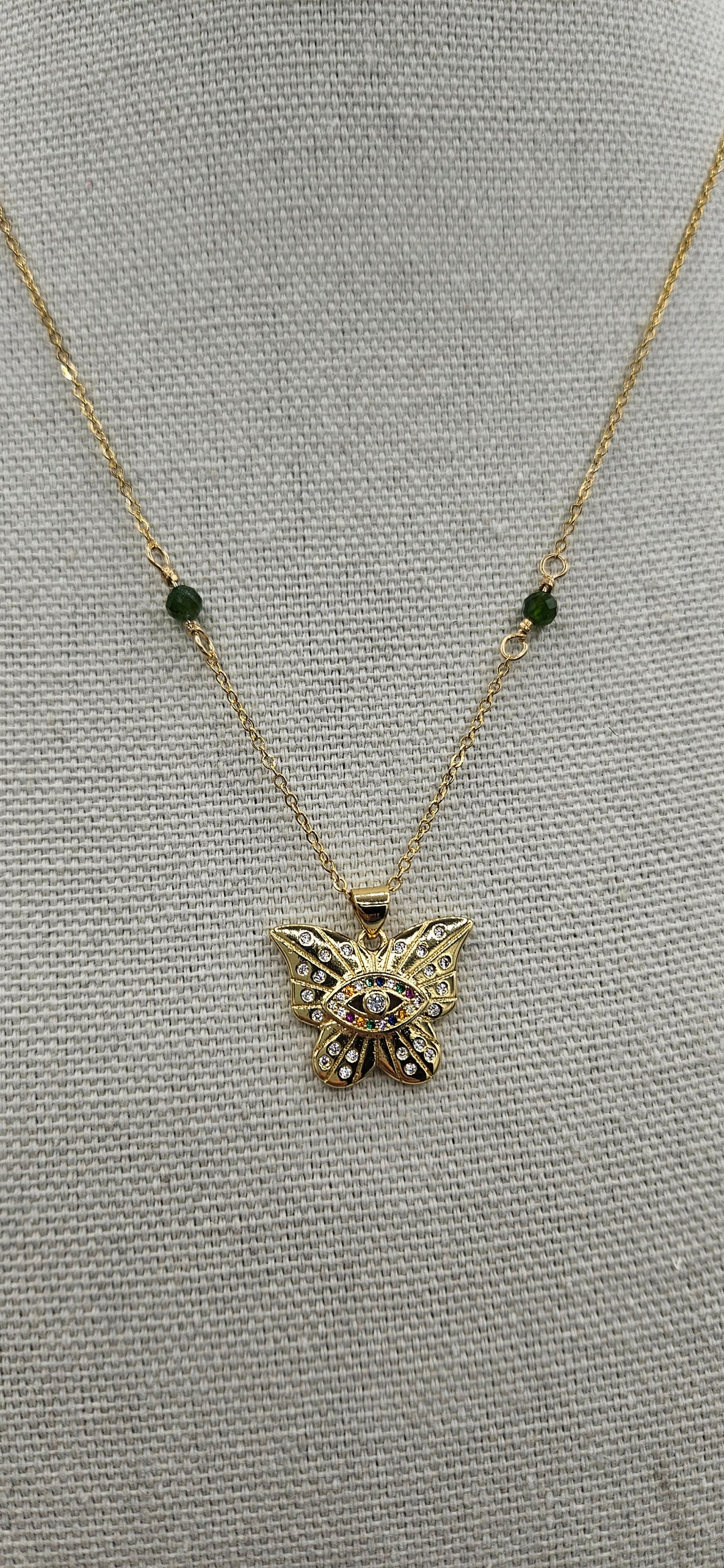 Evil Eye Butterfly Charm and Diopside Gold Necklace - Etsy