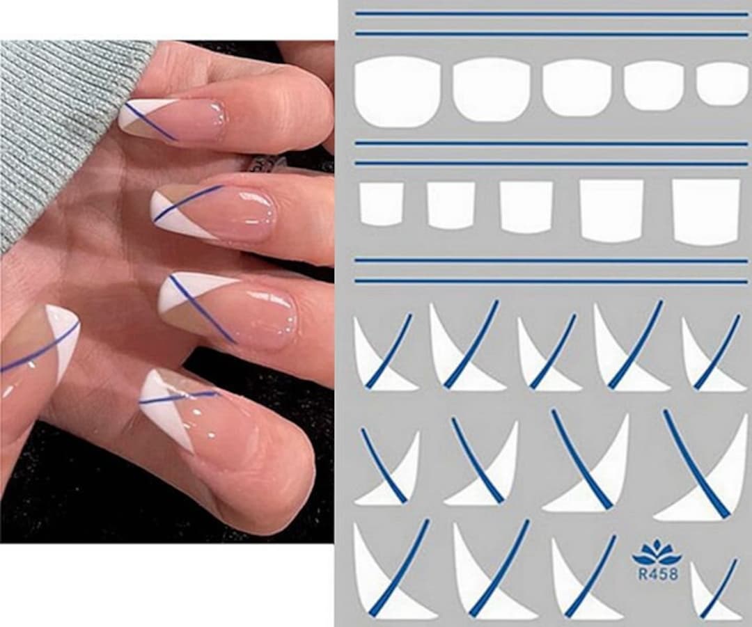 Triangular French Tips Nail Art Stickers White French Tips Blue Lines V ...