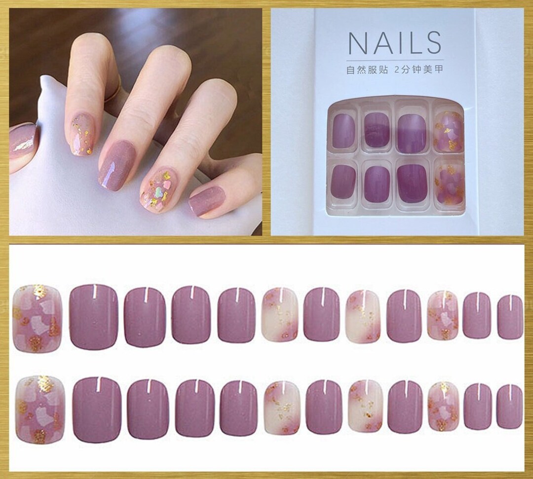 Mable Flower Press on Fake Nails Manicure Peach Pink French Blue Cow ...