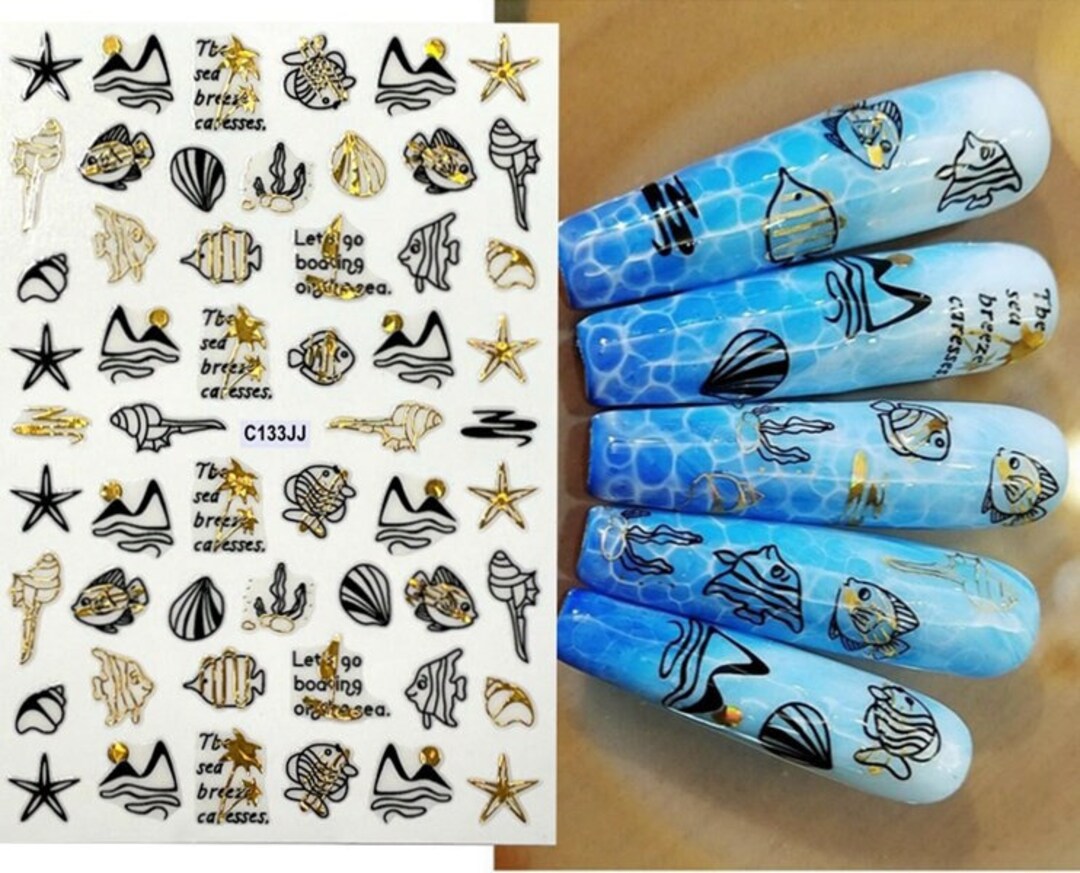 Shell Ocean Fish Nail Art Stickers Water Ripples Wave Sea Anchor Rudder ...