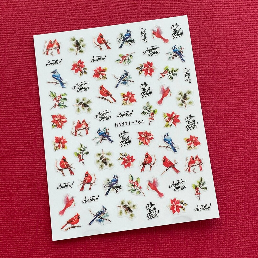 Red Cardinal Nail Art Stickers: Christmas Tree Birds Poinsettia Flower ...