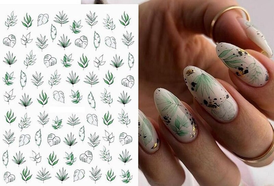 Green Tropical Leaf Nail Art Stickers Palm Leaves Spring Floral Daisy ...